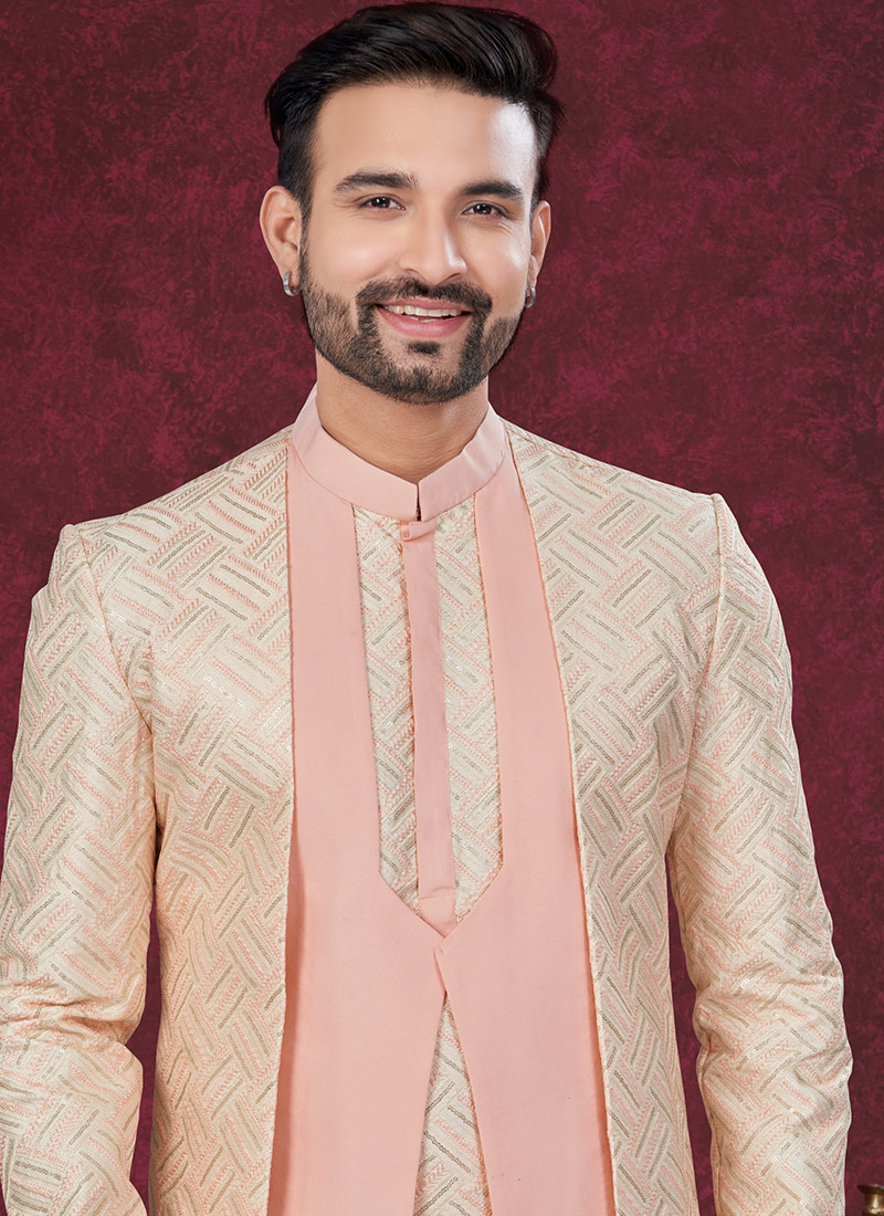 Shop Peach Imported Silk Embroidered Sequins Indowestern Sherwani ...