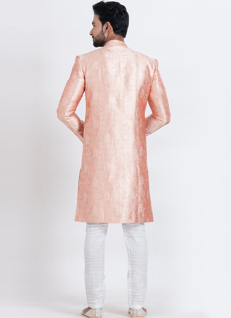 Buy Peach Jacquard Silk Classic Sherwani Wedding Wear Online at Best ...