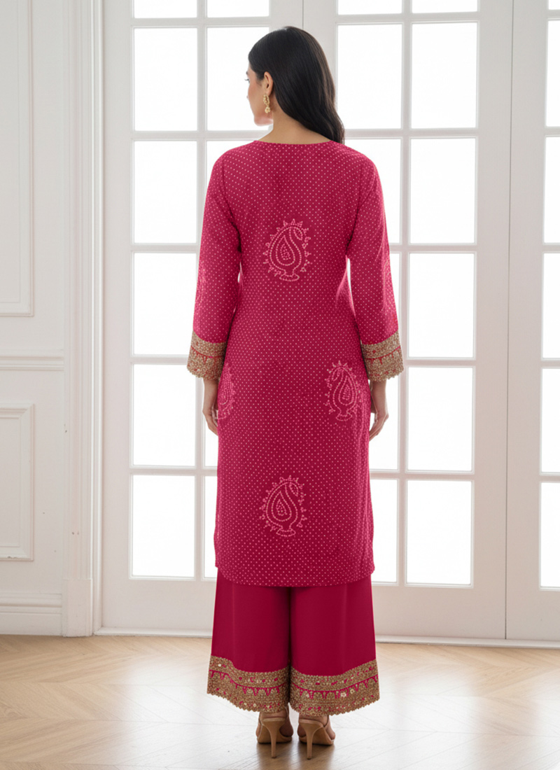 Buy Pink Chinon Bandhini Print With Embroidered Sequins Palazzo Suit ...