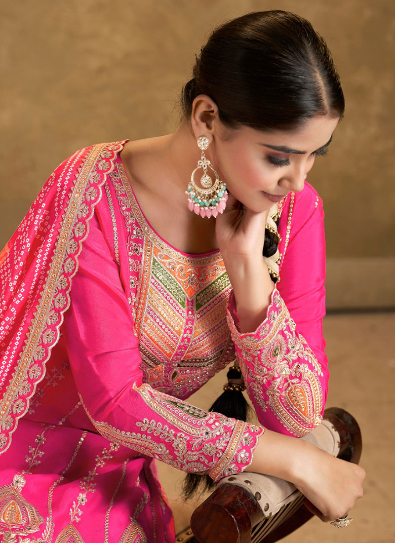 Buy Pink Chinon Embroidered Sequins Bandhini Print Dhoti Salwar Suit ...