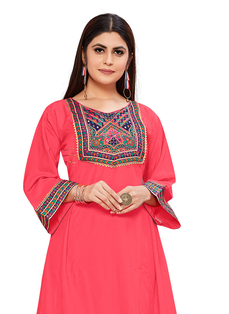 Buy Pink Dola Silk Jacquard Work Knee Length Kurti Work Wear Online at ...