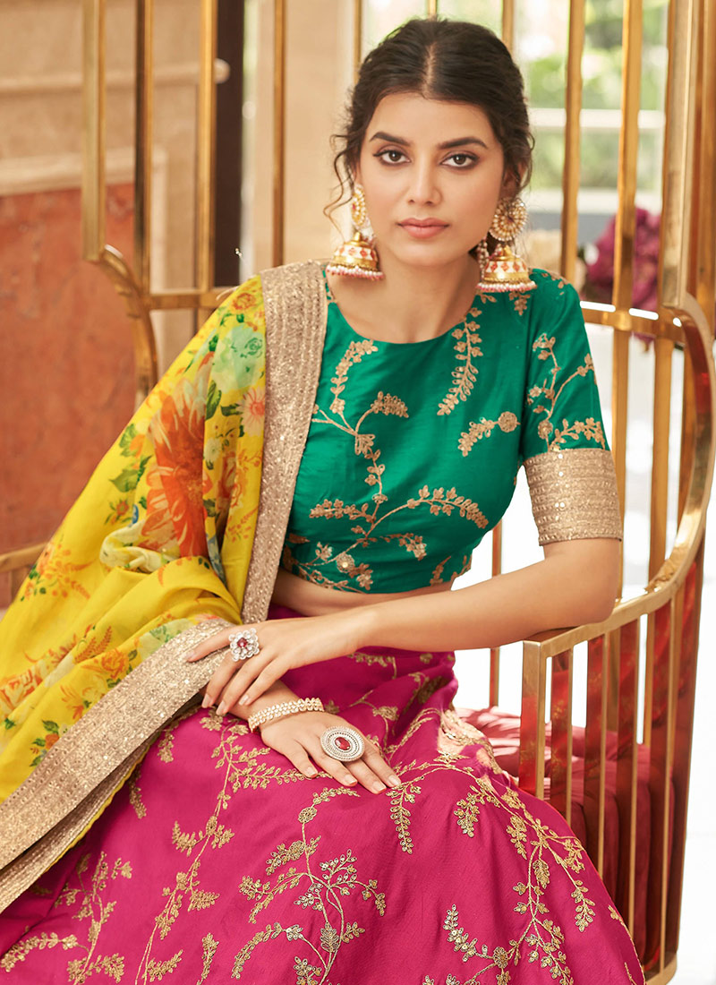 Shop Pink Embroidery Sequins Zari Work Velvet Umbrella Lehenga Wedding ...