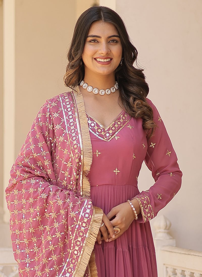 Shop Pink Faux Georgette Embroidered Anarkali Gown For Women Party Wear ...