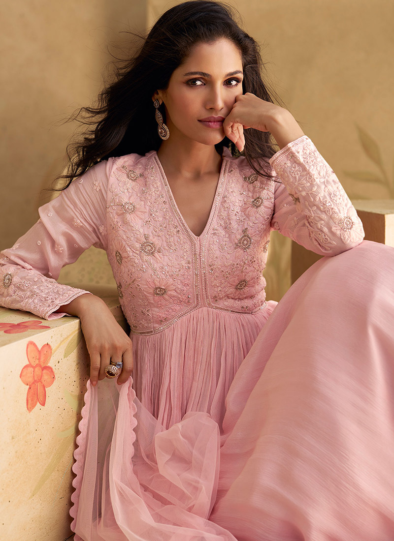 Buy Pink Faux Georgette Embroidered Classic Anarkali Suit Wedding Wear ...