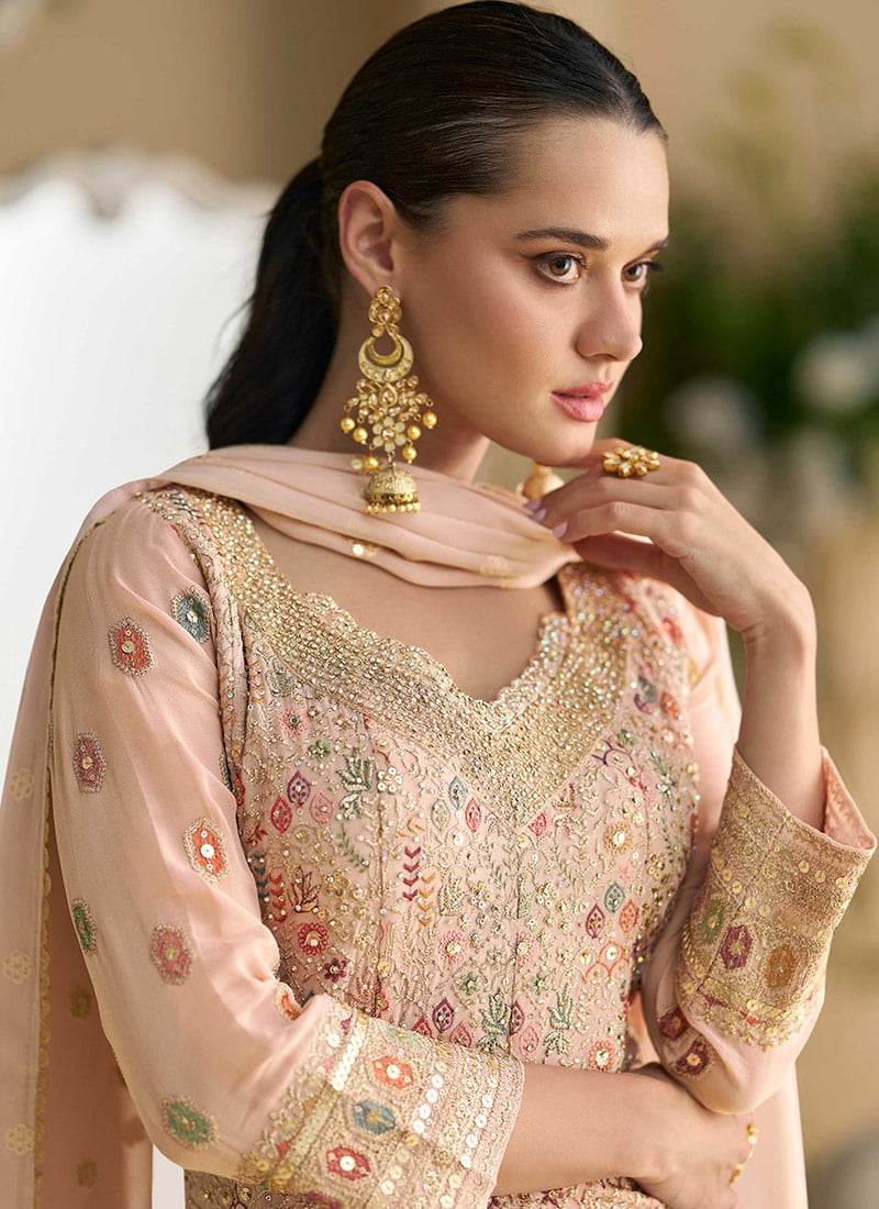 Buy Pink Georgette Embroidered Sequins Stone Work Palazzo Suit Wedding ...