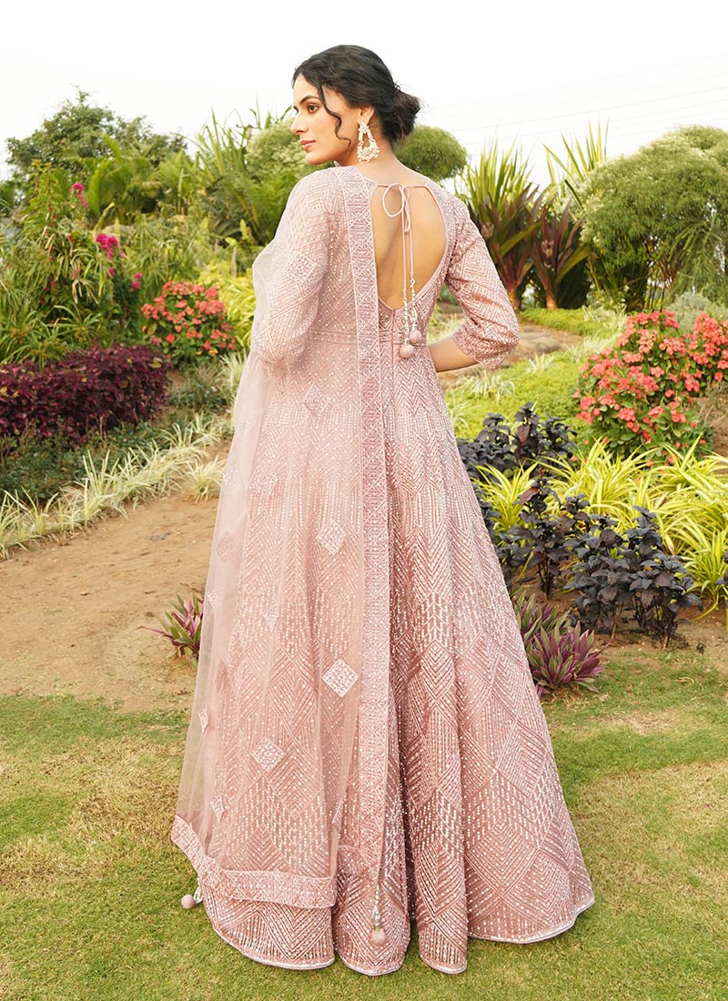 Shop Pink Net Embroidered Stone Work Elegant Anarkali Suit Wedding Wear ...