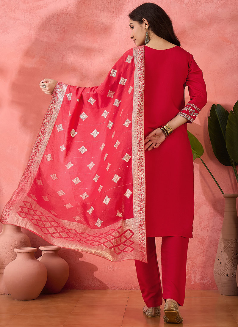 Shop Pink Roman Silk Embroidered Straight Pant Suit With Jacquard ...