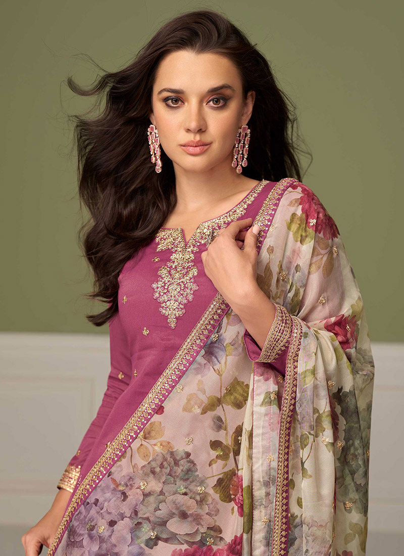 Shop Pink Shimmer Silk Sequins Embroidered Palazzo Suit Festive Wear in ...