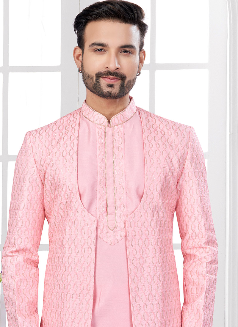 Buy Pink Silk Embroidered Sequins Indowestern Sherwani Wedding Wear ...