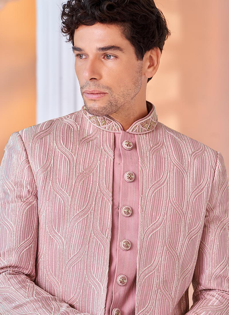 Buy Pink Silk Thread Cutdana Hand Work Indowestern Sherwani Wedding Wear Online at Best Price ...