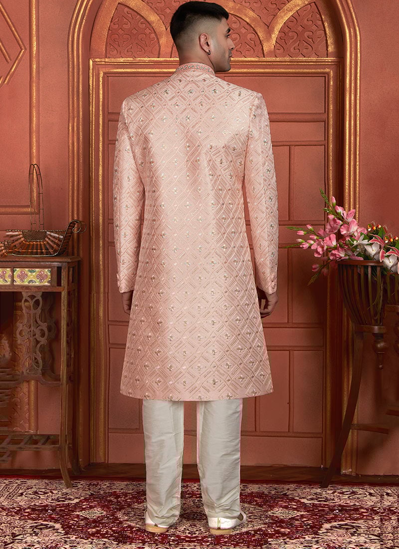 Shop Pink Silk Thread Hand Work Classic Sherwani For Men Wedding Wear ...