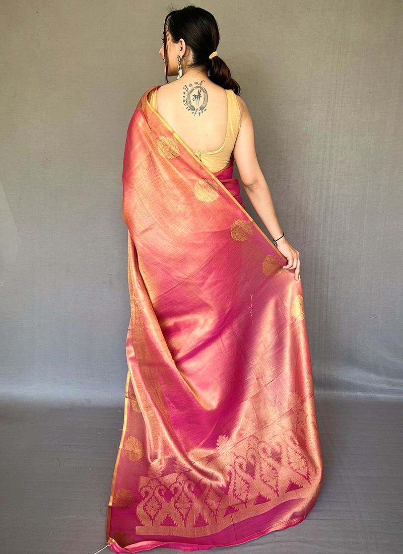 Shop Pink Tissue Silk Jacquard Zari Woven Work Saree Festive Wear ...