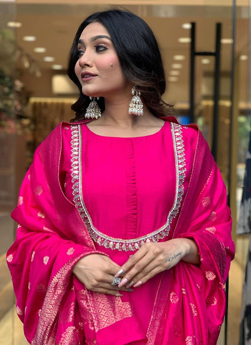 Buy Pink Viscose Chanderi Embroidered Straight Pant Suit With Jacquard ...