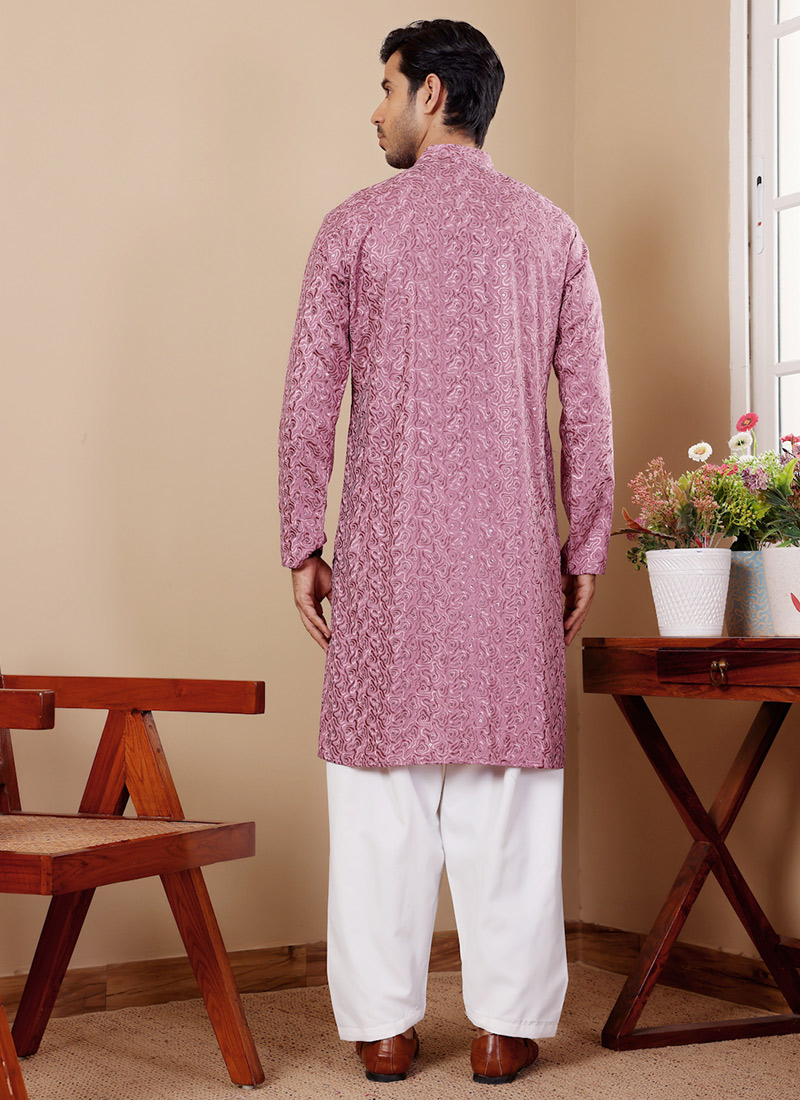 Shop Pinkish Purple Viscose Sequins And Embroidered Thread Work Kurta ...