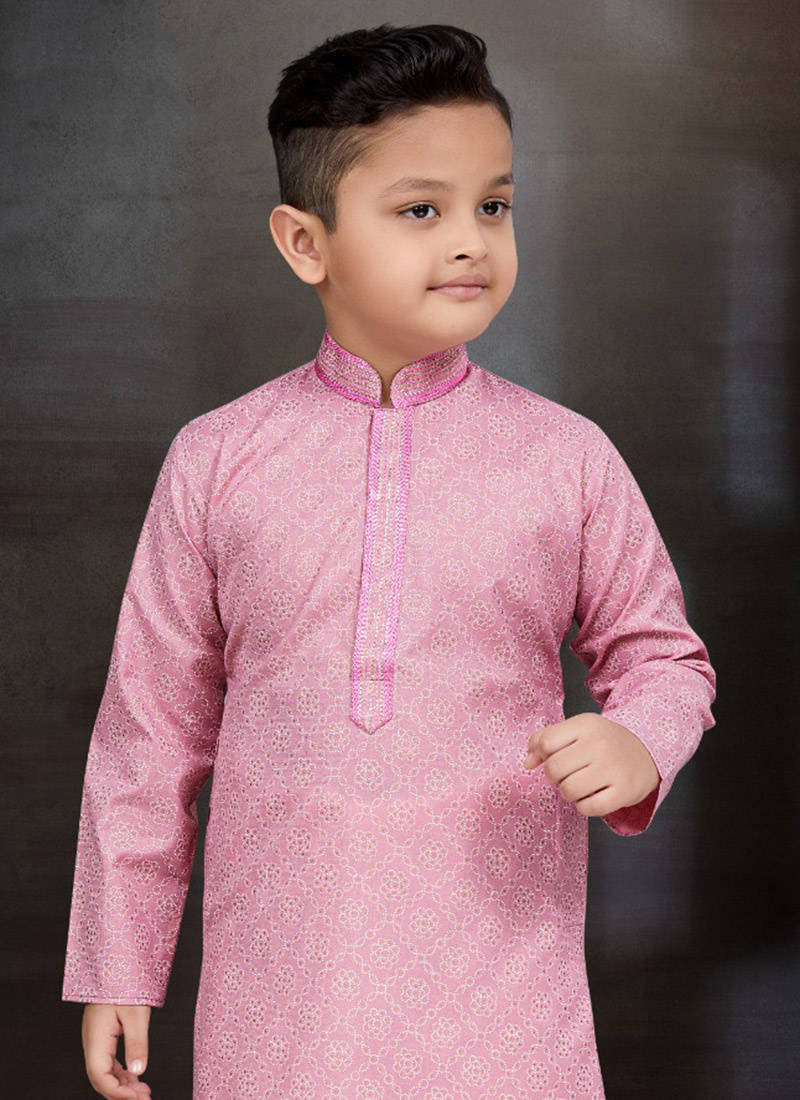 Shop Pink Blended Cotton Printed Kids Boys Kurta Pyjama Festive Wear ...