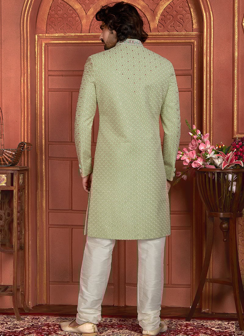 Shop Pista Green Faux Georgette Thread Hand Work Classic Sherwani For ...