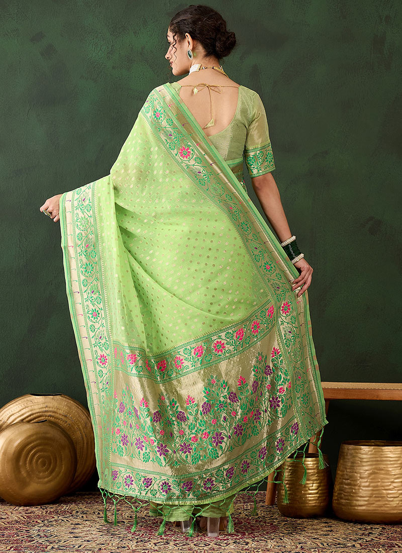 Shop Pista Green Poly Cotton Woven Zari Saree Festive Wear Online at ...