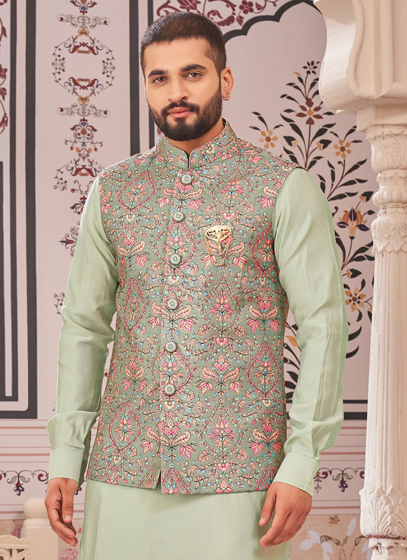 Shop Pista Green Silk Embroidered Bandi Set Festive Wear in India - Cbazaar