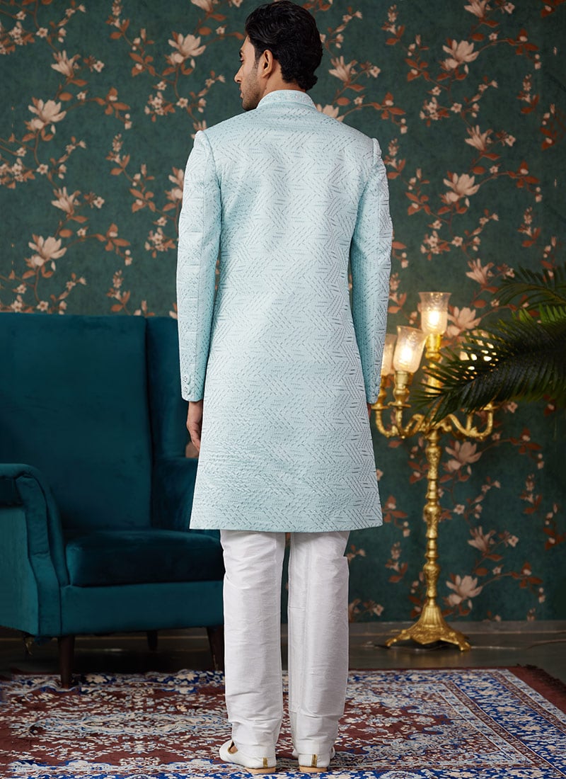 Buy Powder Blue Silk Embroidered Hand Work Classic Sherwani Wedding ...