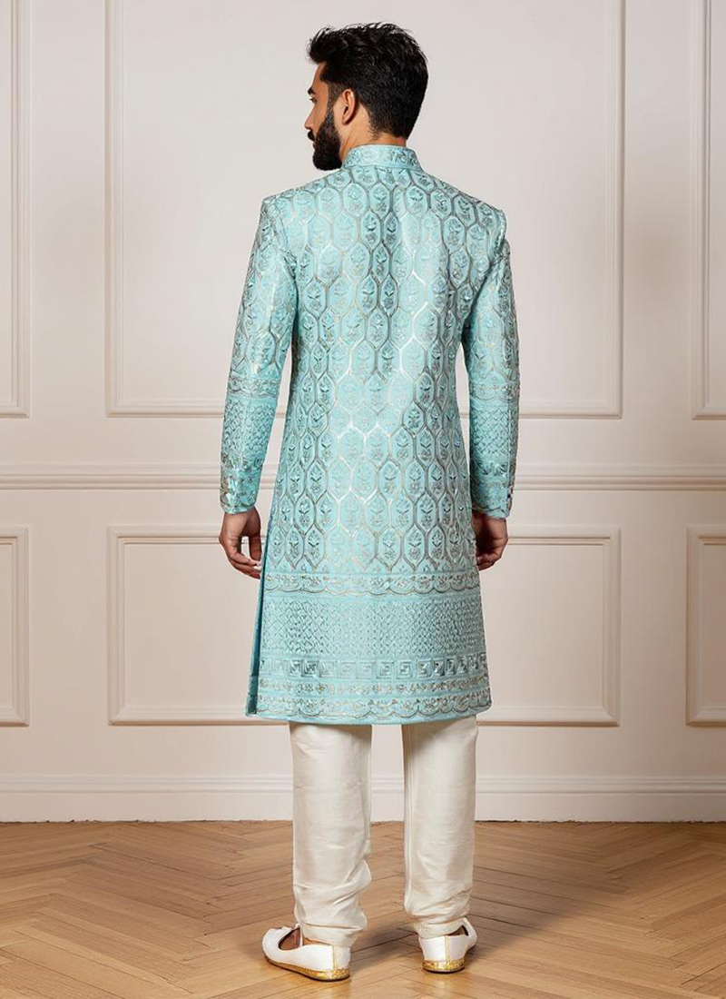 Buy Powder Blue Silk Thread Hand Work Classic Sherwani For Men Wedding ...
