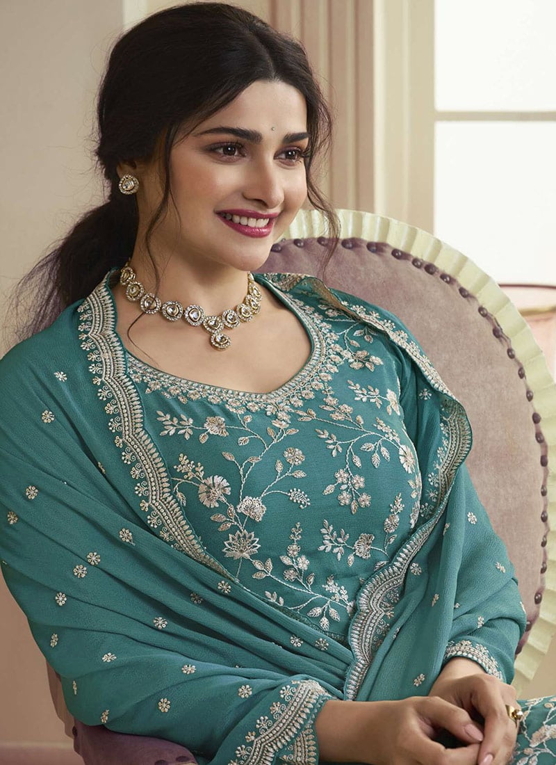 Shop Prachi Desai Radiates Elegance in a Sky Blue Chinon Embroidered ...