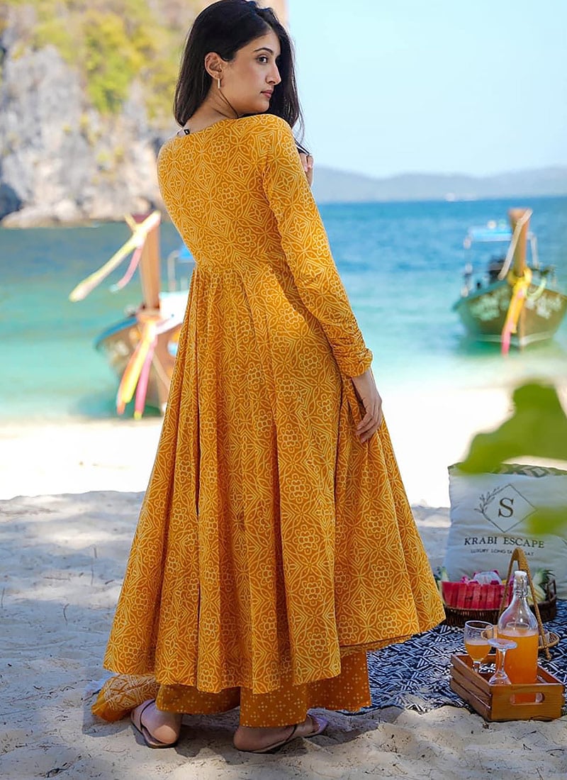 Shop Printed Angarkha Style Anarkali Suit With Dupatta In Mustard ...