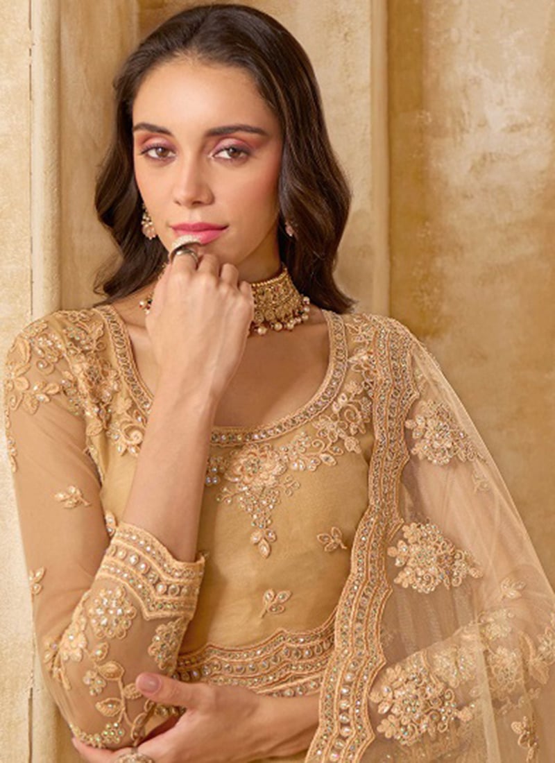 Shop Pure Elegance Fawn Net Lehenga With Detailed Stone Embroidery Wedding Wear Online at Best ...