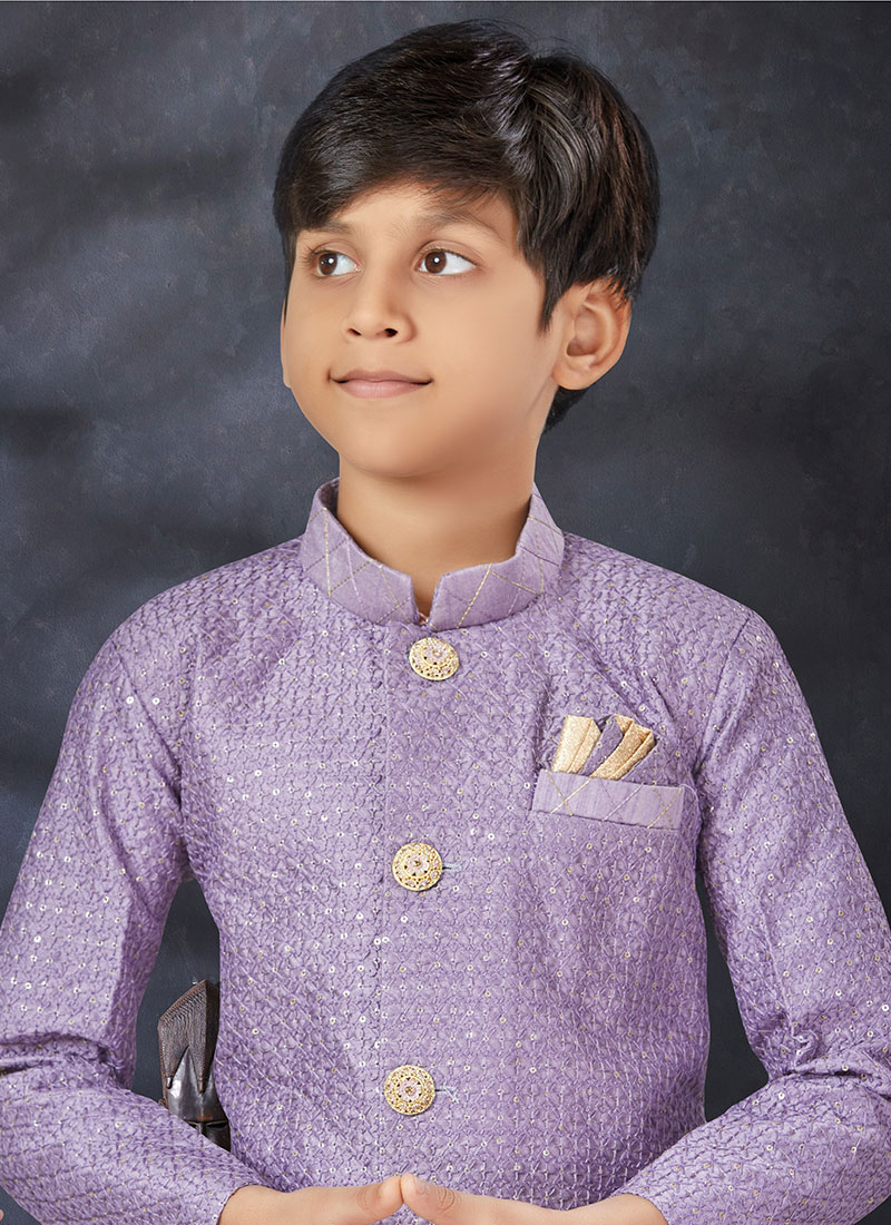 Buy Purple Art Silk Jacquard Kids Boys Indowestern Sherwani Party Wear ...