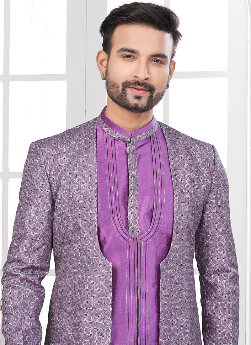 Shop Purple Banarasi Silk Digital Print Indowestern Sherwani Wedding Wear Online at Best Price ...
