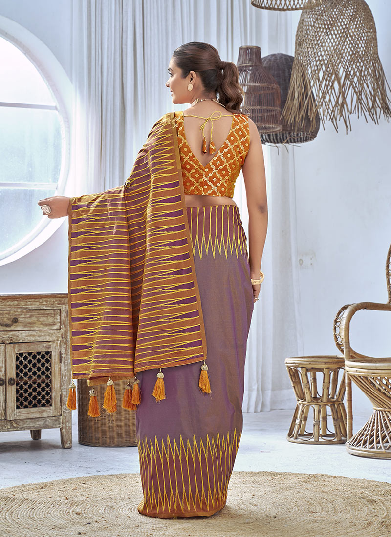 Shop Purple Banarasi Silk Ikkat Print Saree Festive Wear in India - Cbazaar