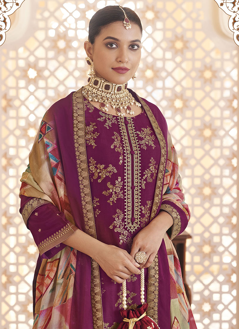 Shop Purple Dola Silk Jacquard Embroidered Sequins Straight Pant Suit ...