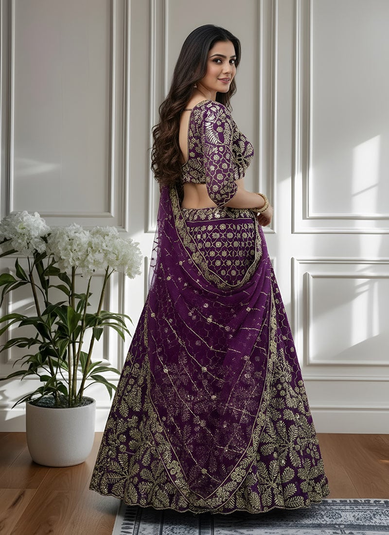 Buy Purple Net Lehenga With Zari Embroidery And Sequins Work Wedding ...