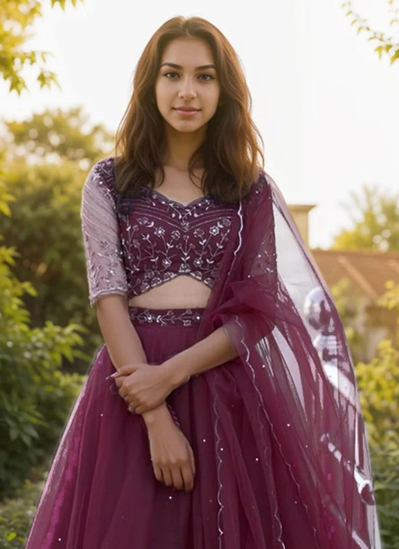 Shop Purple Net Zari Sequins Stone Hand Embroidered Lehenga Wedding ...