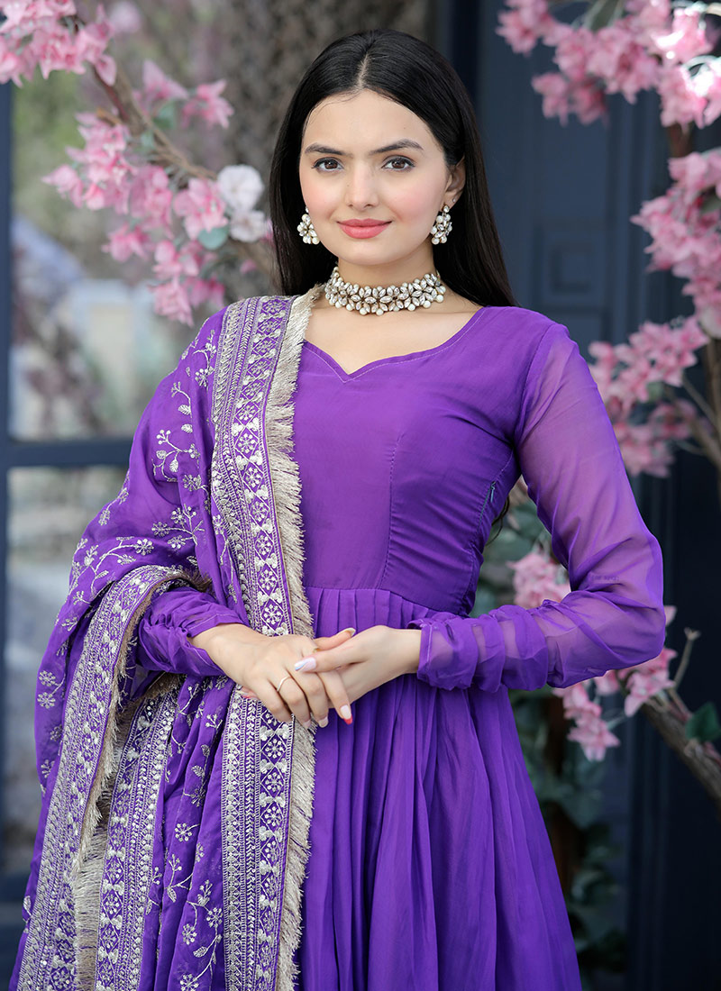 Buy Purple Silk Anarkali Suit With Embroidered Sequins Dupatta Party ...