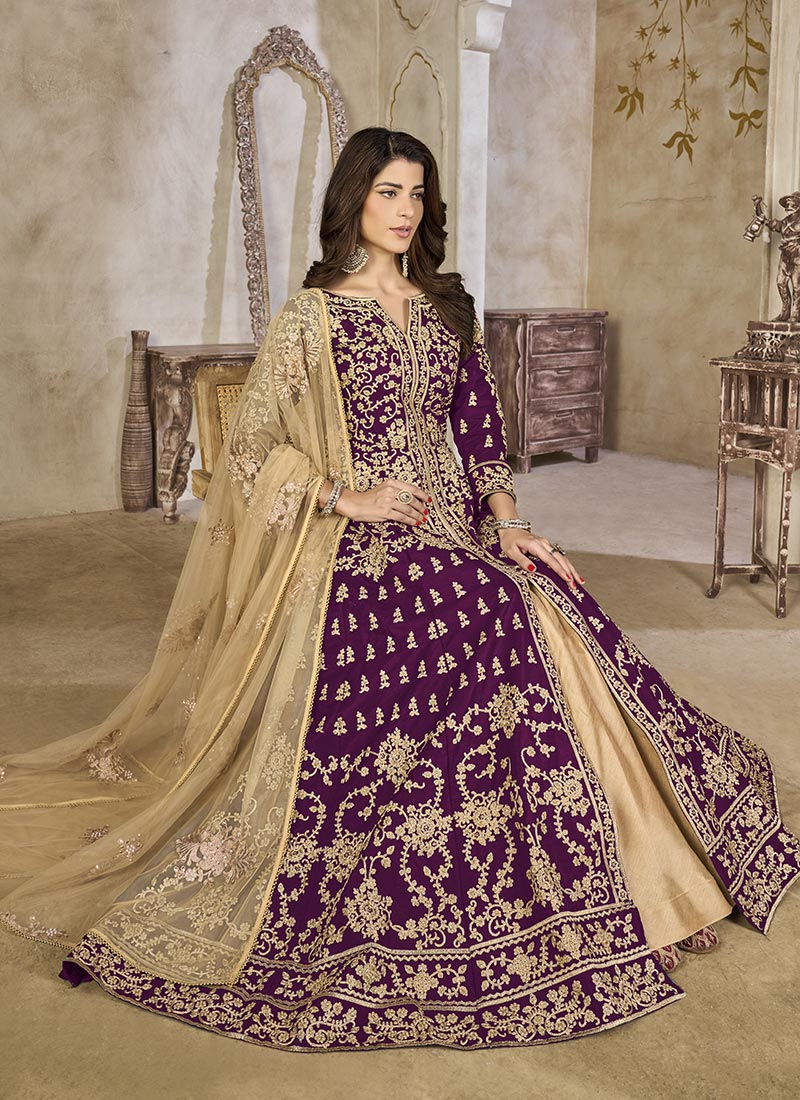 Shop Purple Silk Stones Beads Embroidered Anarkali Lehenga Festive Wear in India - Cbazaar