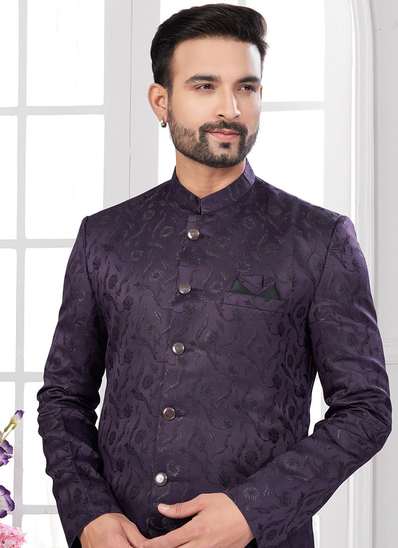 Buy Purple Soft Jacquard Silk Indowestern Sherwani Festive Wear Online ...