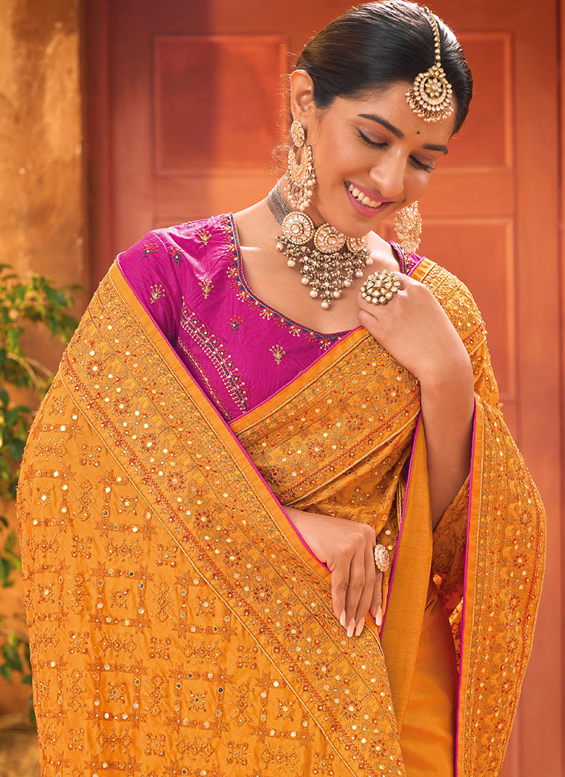 Buy Radiant Embroidered Mirror Work Banarasi Silk Saree Party Wear ...