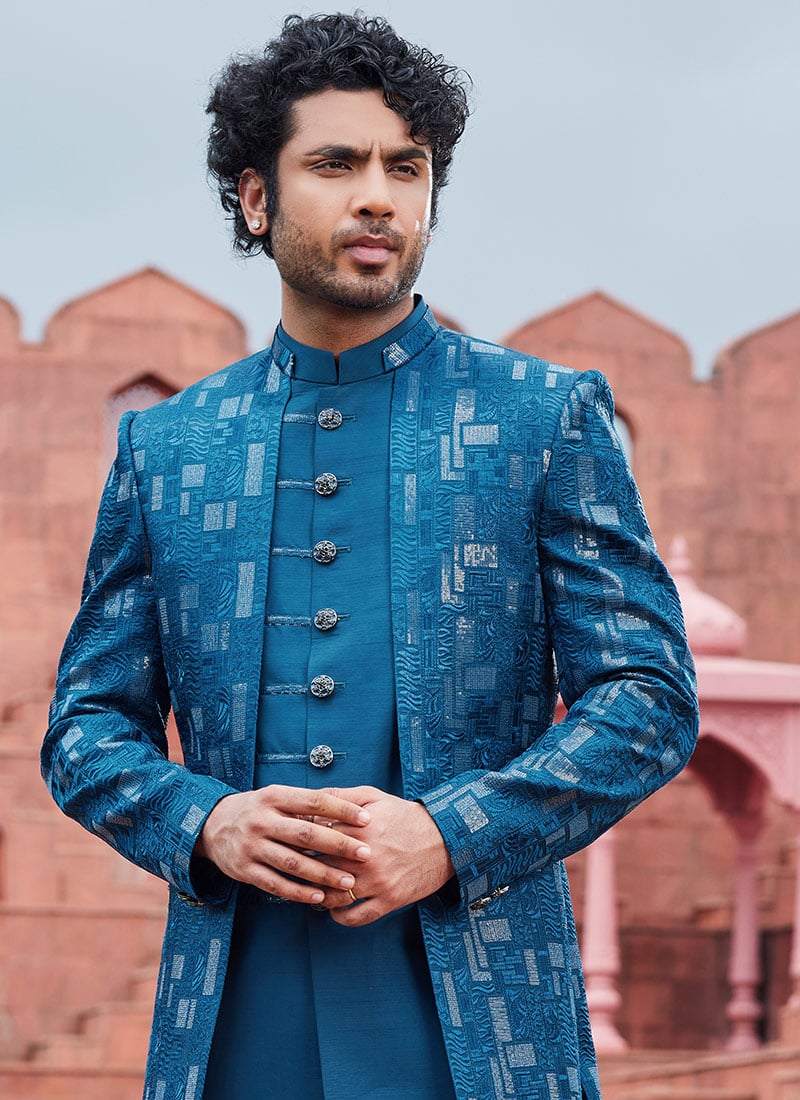 Buy Rama Blue Art Silk Embroidered Indowestern Sherwani Wedding Wear ...