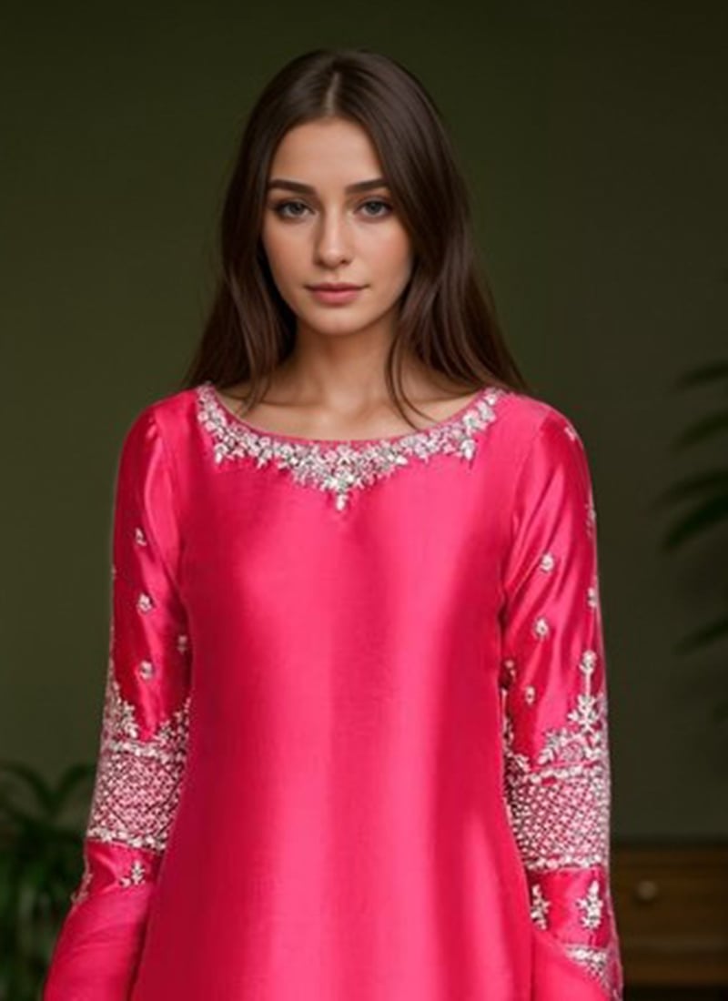 Shop Rani Pink Satin Silk Beads Cut Dana Hand Work And Stones Palazzo ...