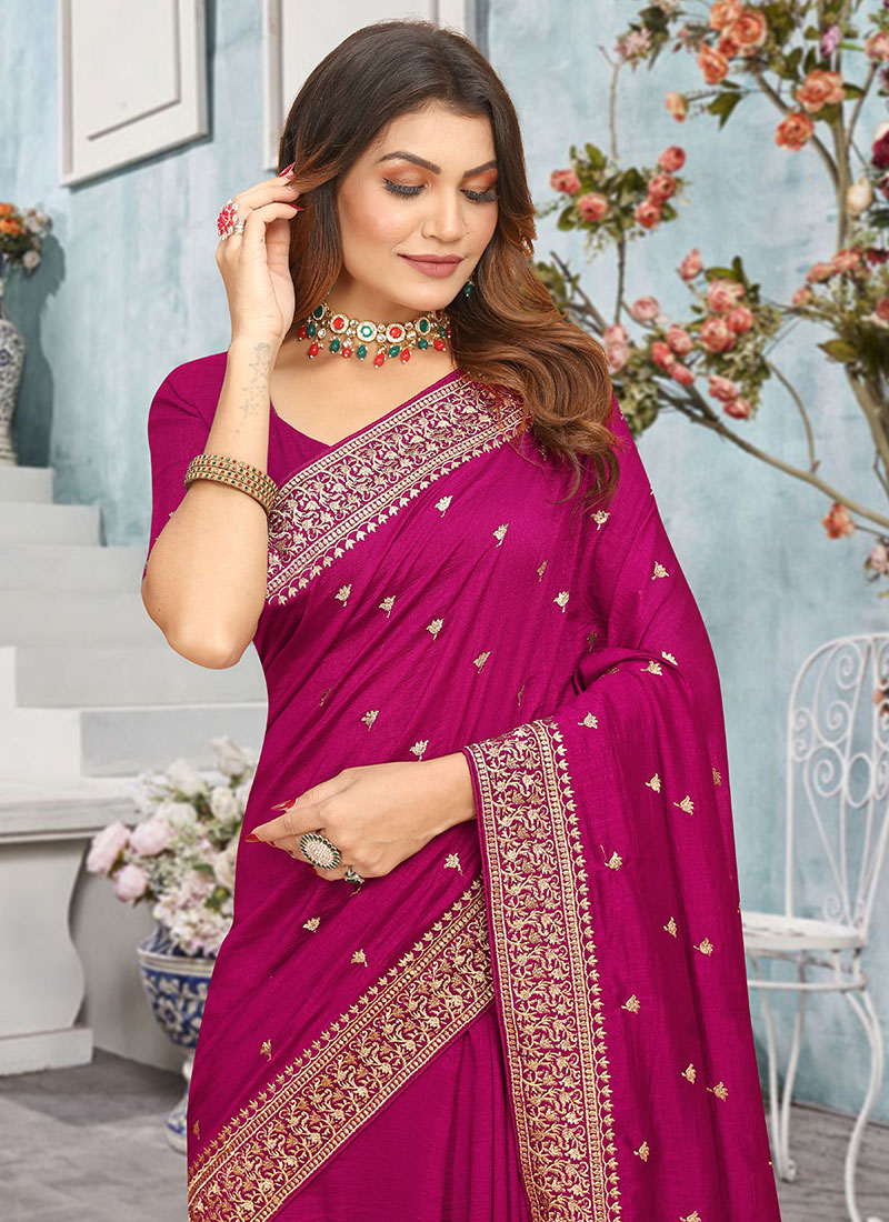 Buy Rani Pink Vichitra Blooming Zari Embroidered Saree Festive Wear ...