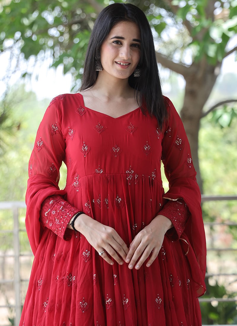 Shop Red Allure A Faux Georgette Anarkali Suit With Sequins Embroidery ...