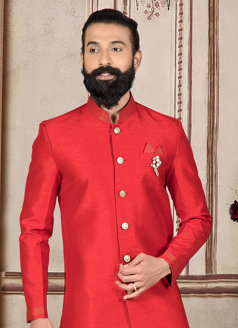 Buy Red Art Silk Classic Sherwani Online at Best Price | Cbazaar