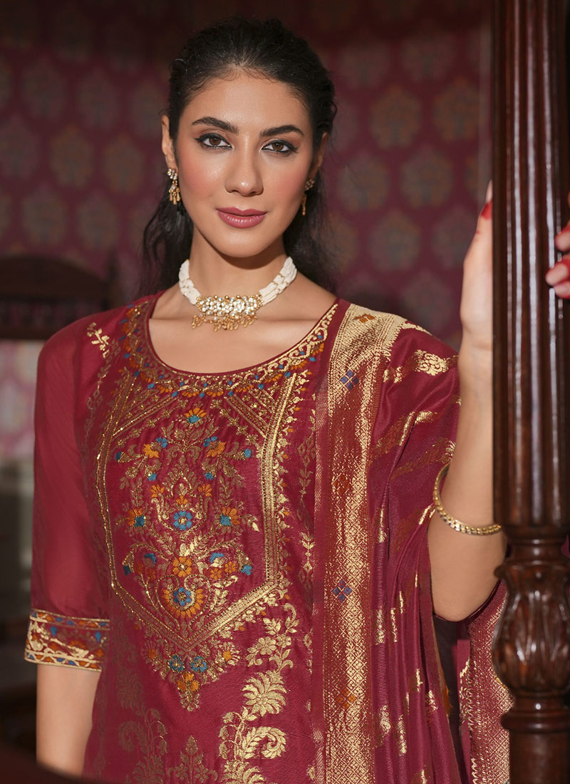 Shop Red Banarasi Jacquard Silk Straight Pant Suit Festive Wear in UK ...