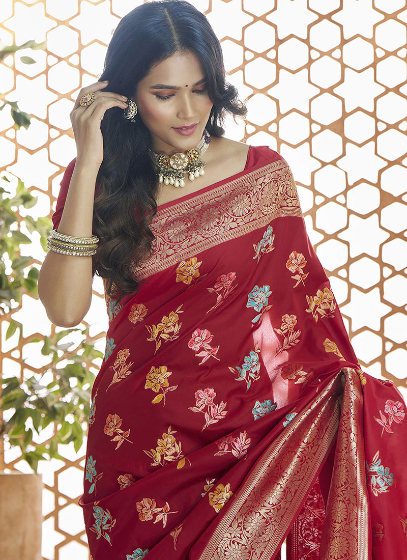 Shop Red Banarasi Silk Zari Work Saree Festive Wear Online at Best ...