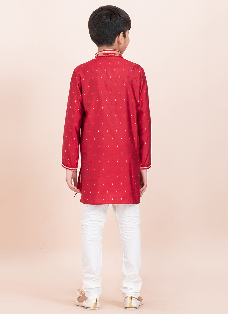 Buy Red Cotton Jacquard Kids Boys Kurta Pyjama Festive Wear Online at ...