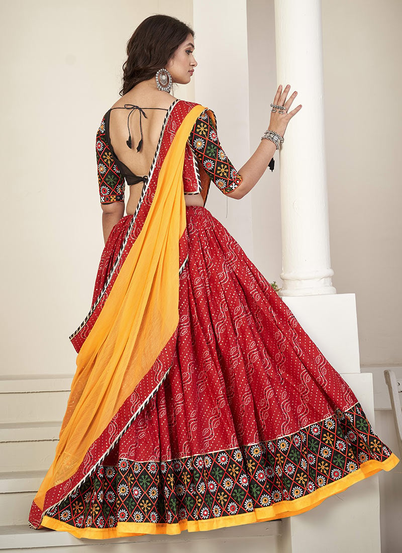 Shop Red Cotton Silk Kutch And Mirror Work With Bandhini Print Chaniya ...