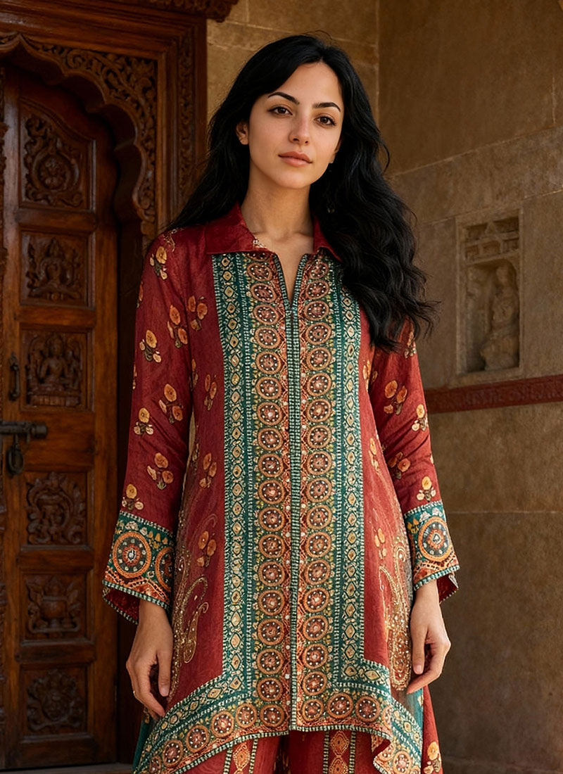 Shop Red Crepe Silk Mirror Work And Digital Print Co ord Sets Festive ...