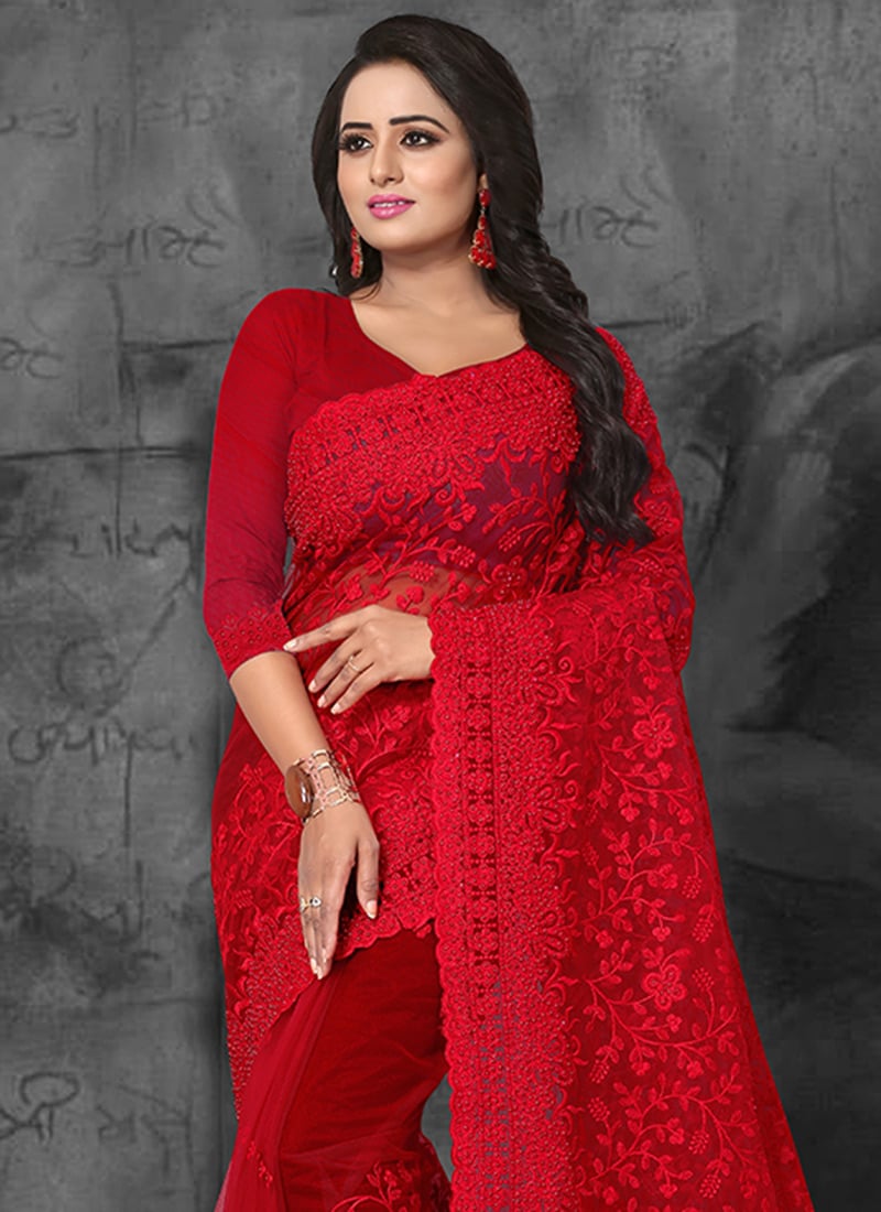 Buy Red Embroidered Net saree Party Wear Online at Best Price | Cbazaar