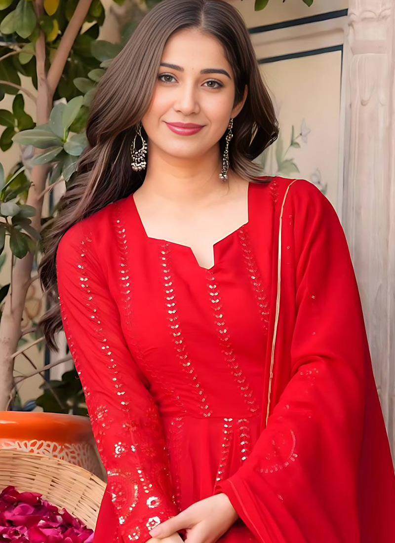 Buy Red Faux Georgette Sequins And Embroidered Anarkali Suit After Six ...