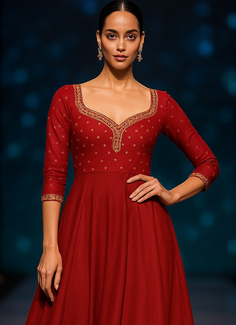 Buy Red Faux Georgette Zari Sequins Hand Embroidered Anarkali Suit ...